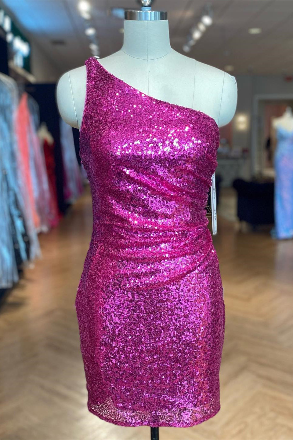 Fuchsia Sequins Sheath One Shoulder Homecoming Dress – Dreamdressy